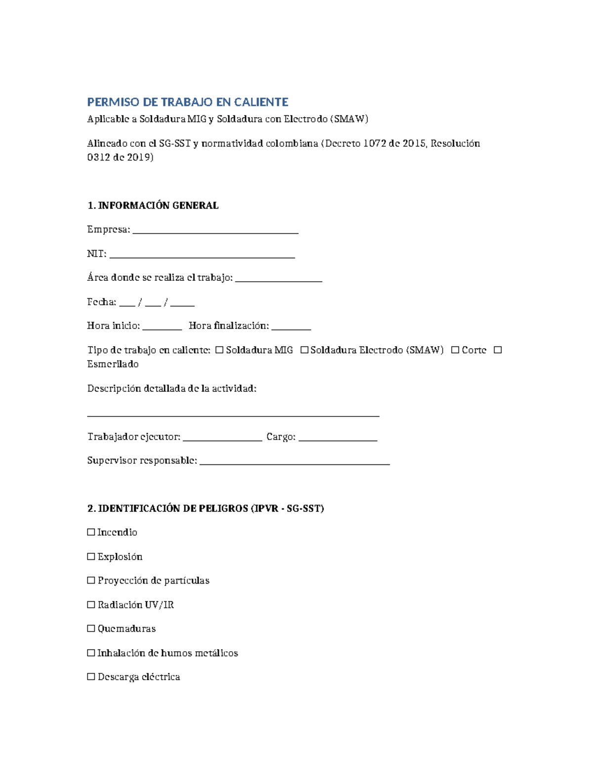 Permiso de Trabajo en Caliente SG-SST: Soldadura MIG y SMAW - Studocu