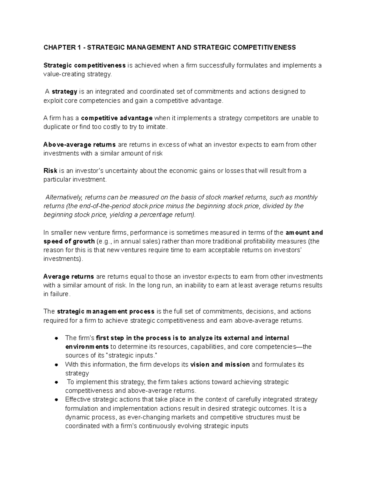 CHAPTER 1: STRATEGIC MANAGEMENT & COMPETITIVENESS Insights - Studocu