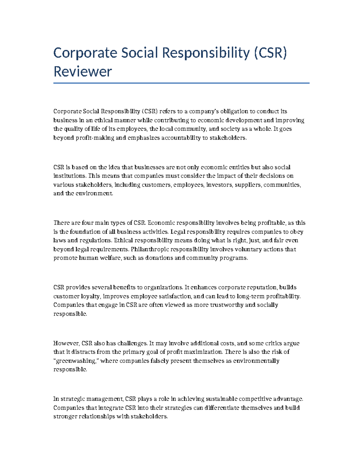CSR Overview: Understanding Corporate Social Responsibility - Studocu