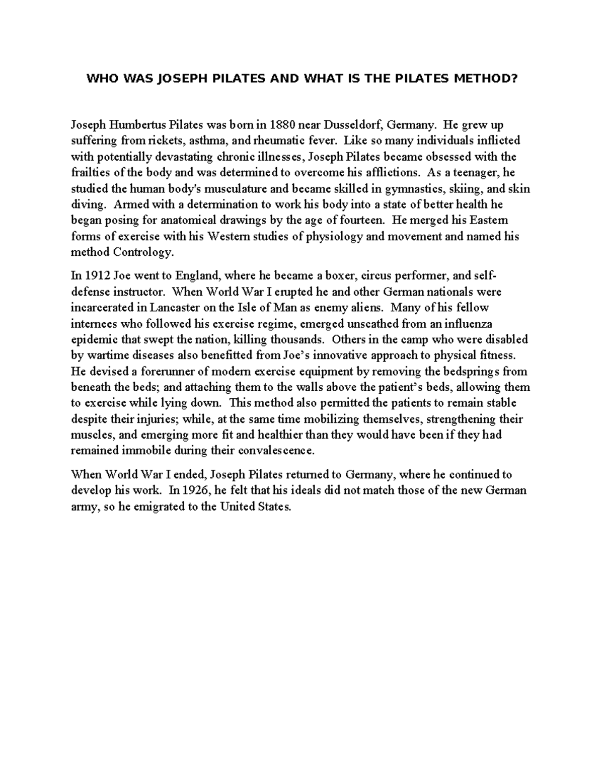 Joseph Pilates: History and the Pilates Method Explained - Studocu