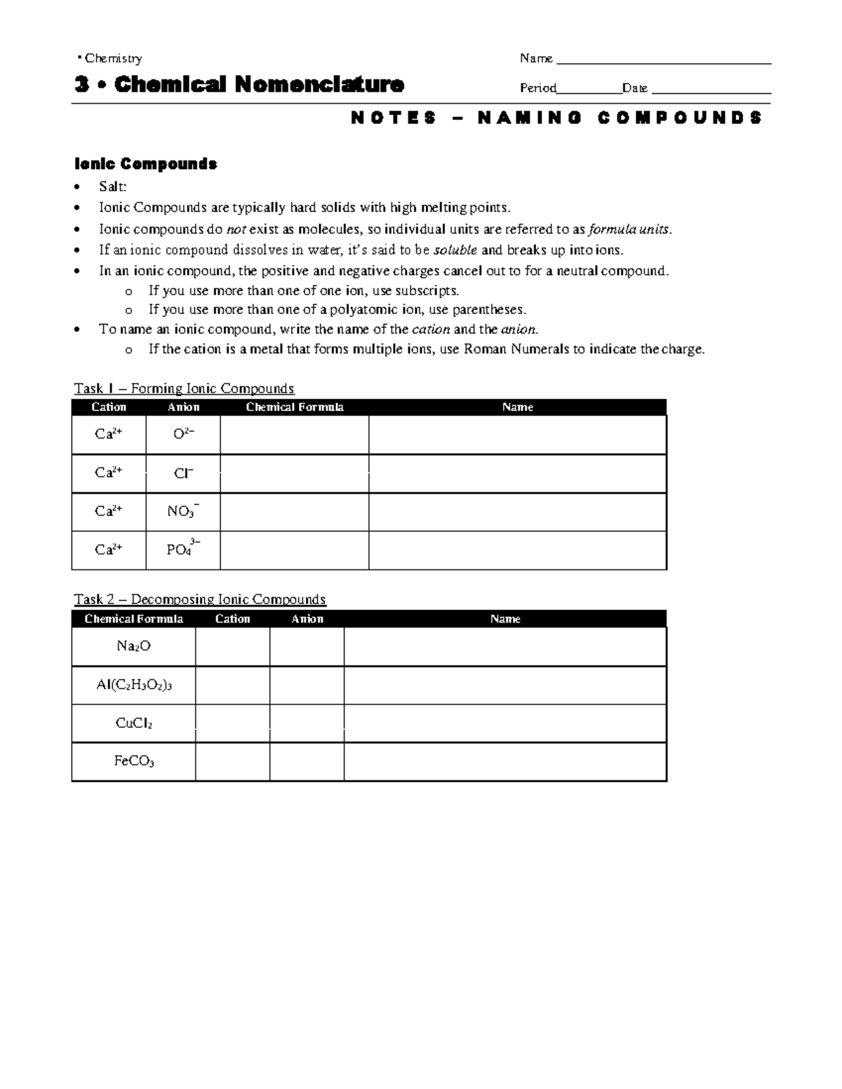 Unit 3.4 Notes-Naming Compounds - • Chemistry Name 3 • Chemical ...