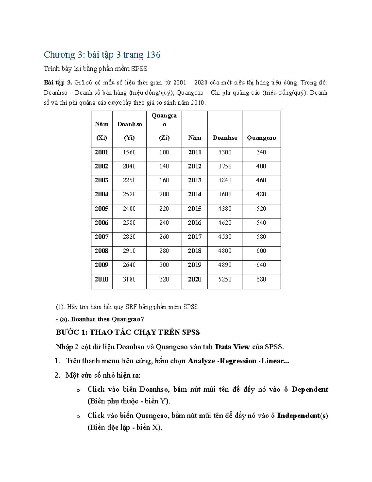 Hướng Dẫn SPSS: Phân Tích Dữ Liệu Doanh Số và Quảng Cáo (VD3) - Studocu