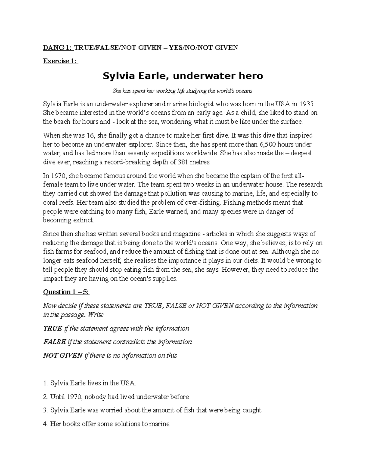 R 1 - Reading Skills Practice: True/False Comprehension Exercises - Studocu