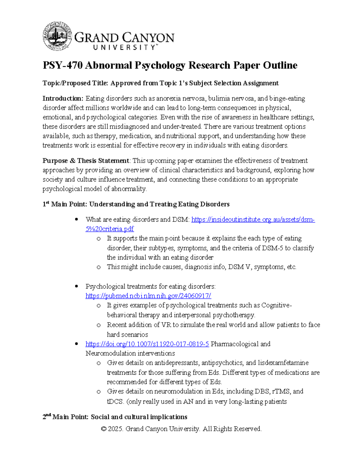 PSY 470 RS T3 Outline: Eating Disorders & Treatment Approaches - Studocu