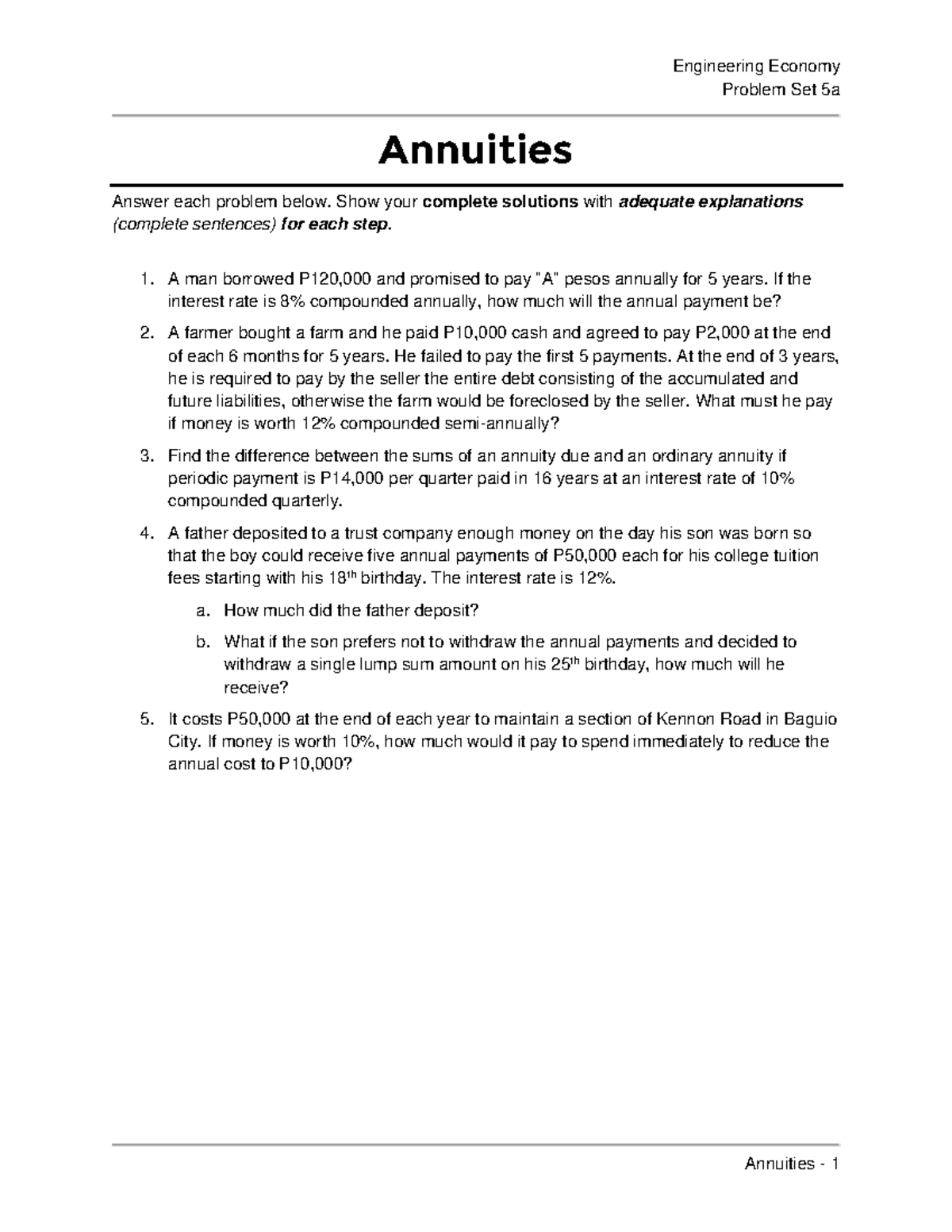 05a - Annuities Problem Set Solutions (Engineering Economy) - Studocu
