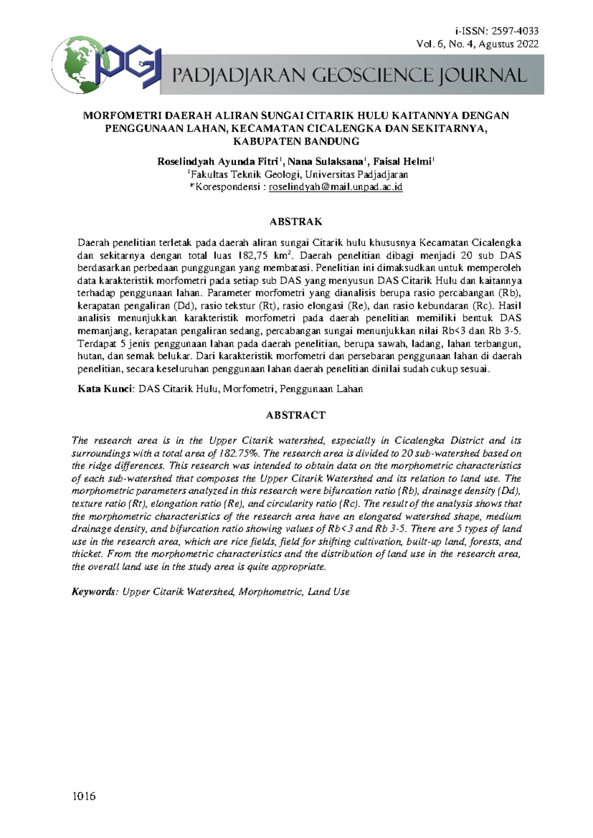 Morfometri DAS Citarik Hulu dan Penggunaan Lahan di Cicalengka, Bandung ...