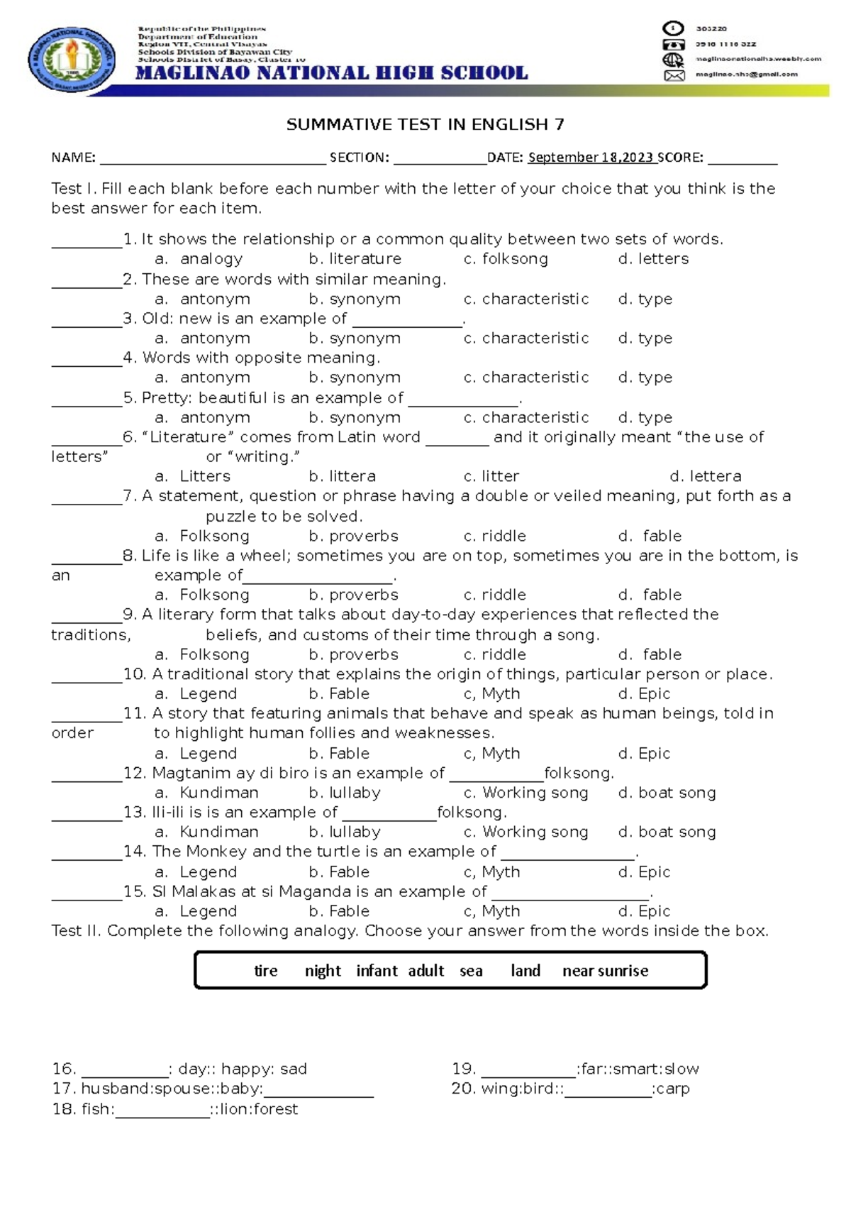 Summative TEST IN English 7 - SUMMATIVE TEST IN ENGLISH 7 NAME