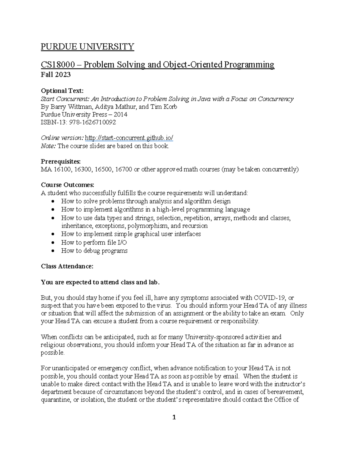Cs18000-Fall 2023-syllabus - PURDUE UNIVERSITY CS18000 – Problem Solving and Object-Oriented ...