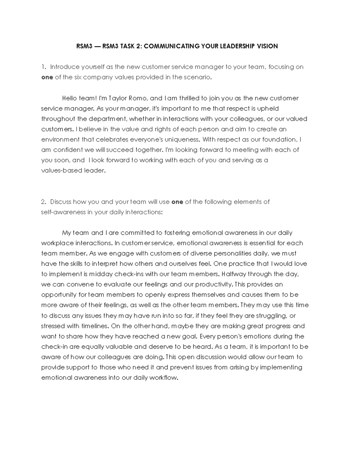 D253 Task 1 - passed - D253 - TASK 1: Becoming an Effective Values ...