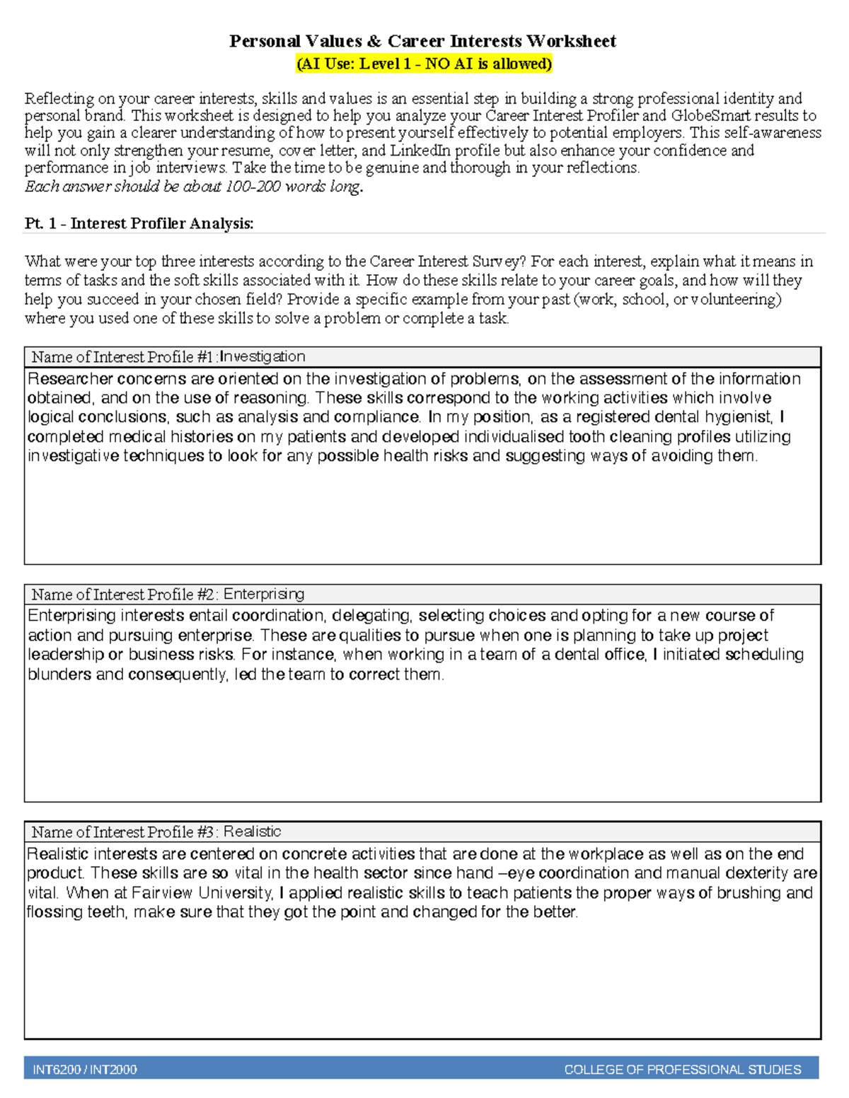 CPS - INT6200/INT2000 Personal Values & Career Interests Worksheet ...