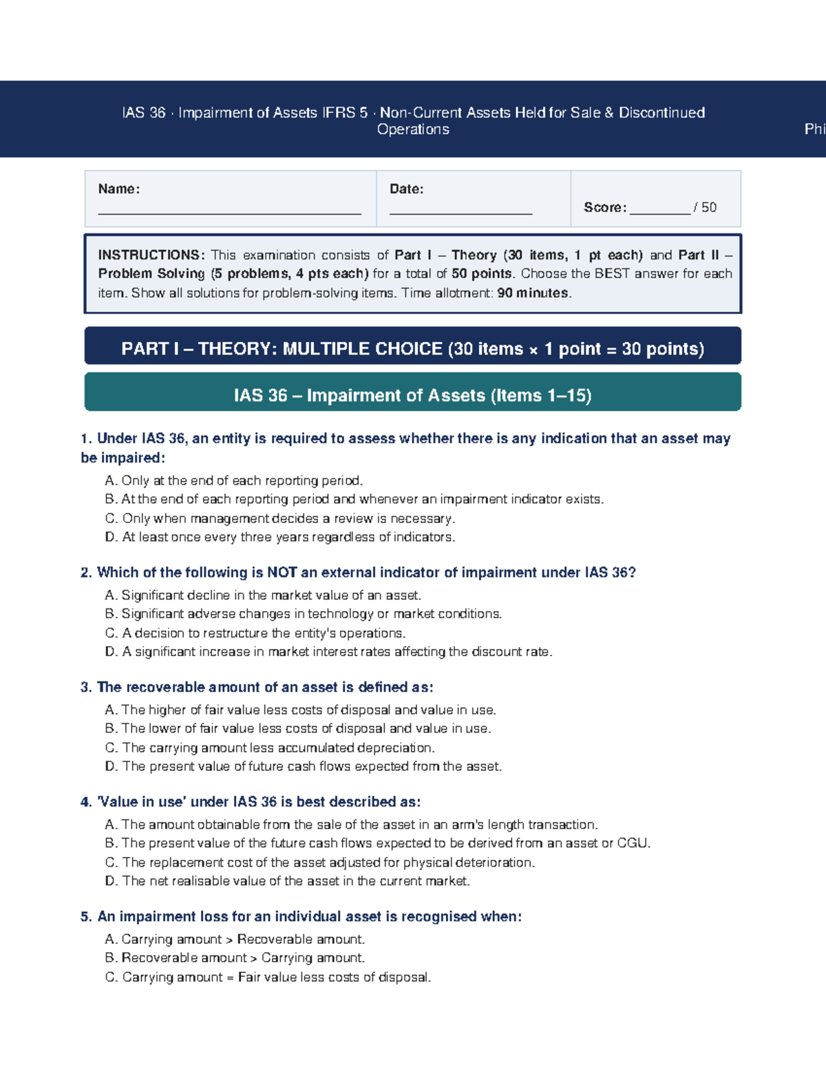 IAS 36 & IFRS 5 Exam Review - Final Exam Guide - Studocu