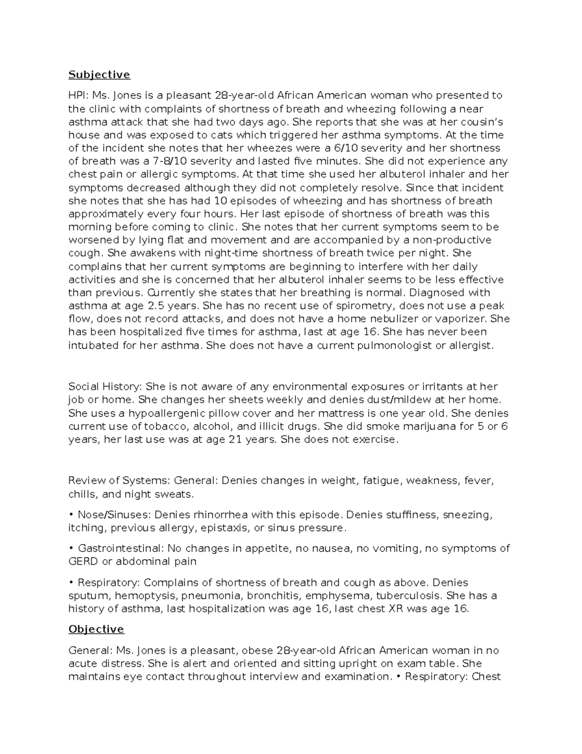 4. Respiratory Soape Model Documentation - Subjective HPI: Ms. Jones is ...