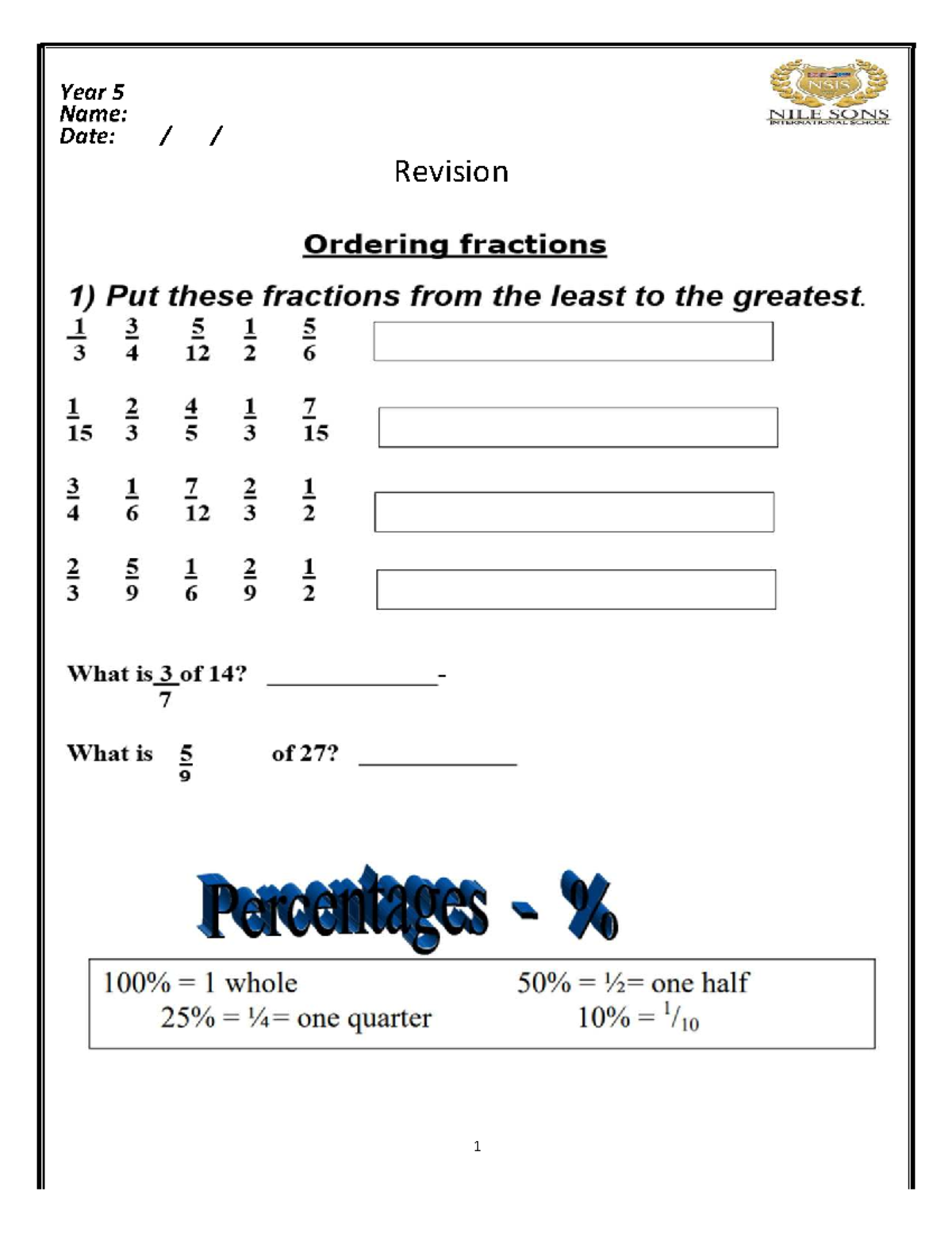 Math 105 Year 5 Revision Notes: Fractions, Percentages & Equivalents ...