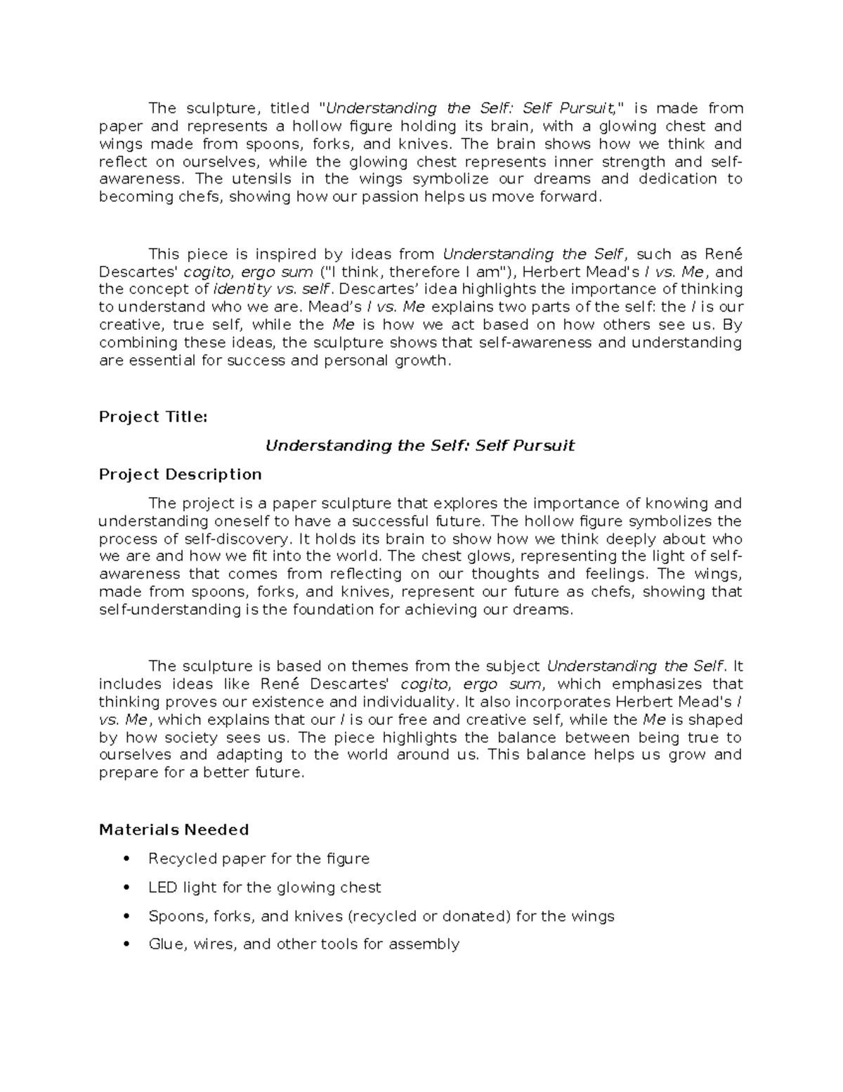 Understanding the Self: Paper Sculpture Project Overview - Studocu