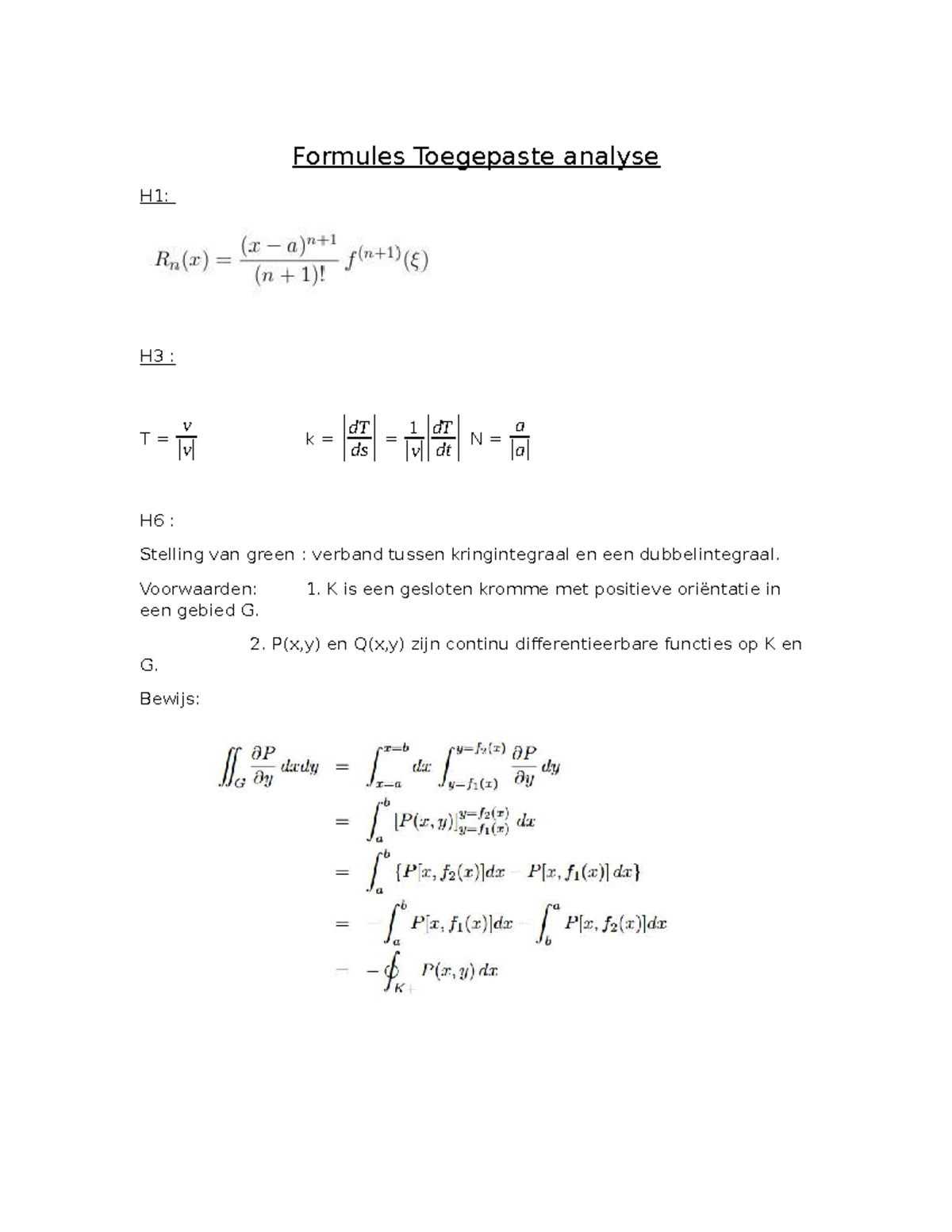Formules Toegepaste Analyse H1-H6: Stelling van Green en Integralen ...