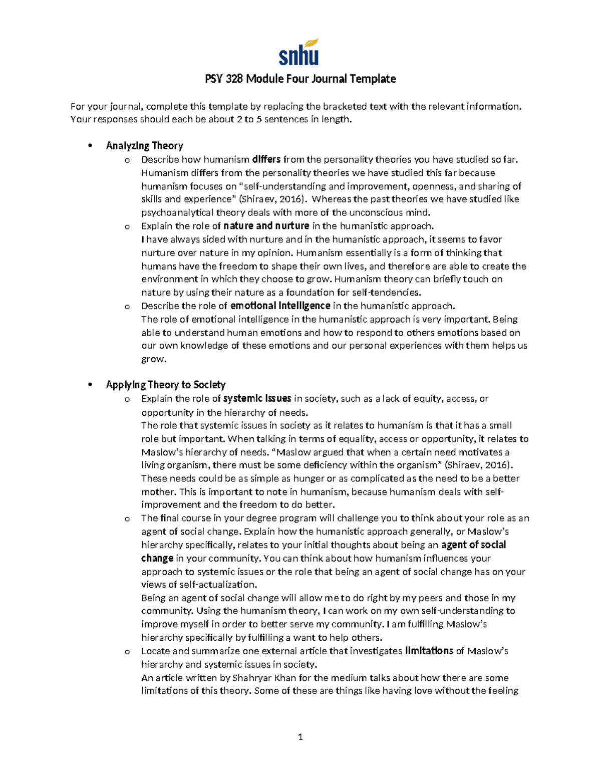 PSY 328 Module 4 Journal: Humanism and Its Societal Implications - Studocu