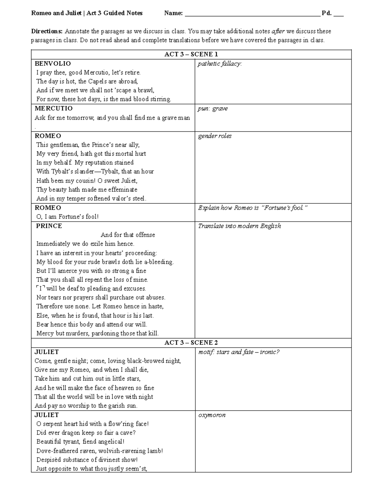Guided Notes for "Romeo and Juliet" Act 3: Annotations & Translations ...