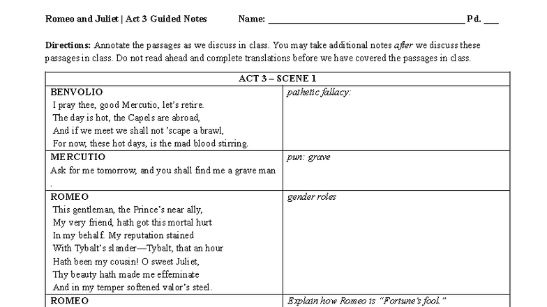 Guided Notes for "Romeo and Juliet" Act 3: Annotations & Translations ...