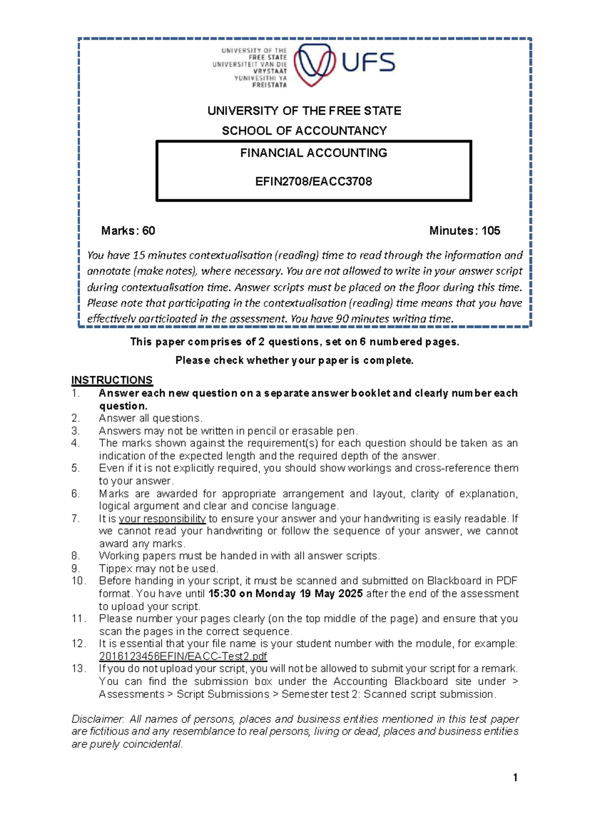 EFIN2708EACC3708 Test 2 - Final Exam on Financial Accounting - Studocu