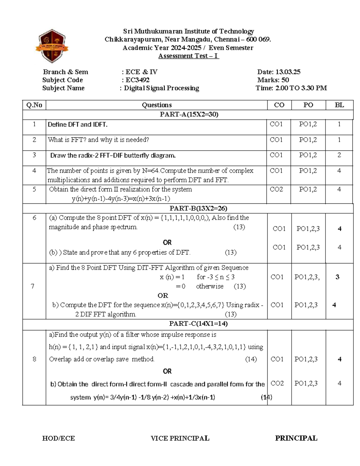 EC3492-DSP AT-I Question Paper Set-I for ECE IV Semester - Studocu