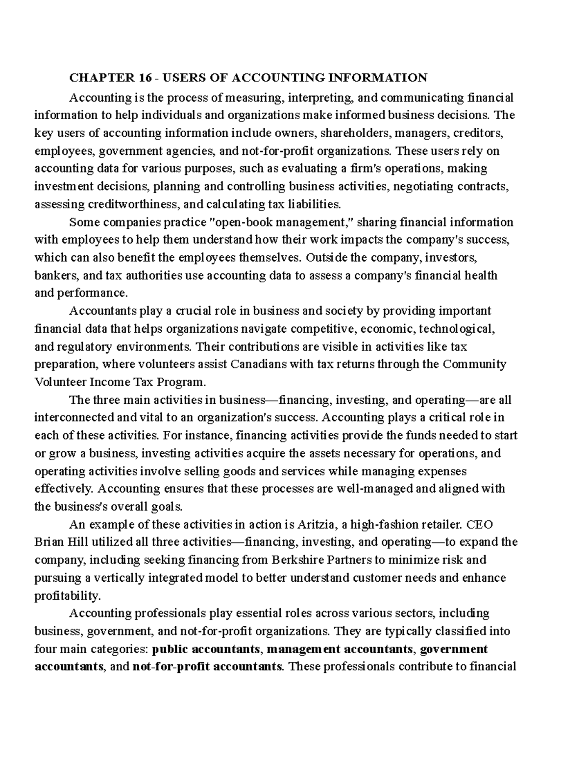 CHAPTER 16 USERS OF ACCOUNTING INFORMATION - Study Notes - Studocu
