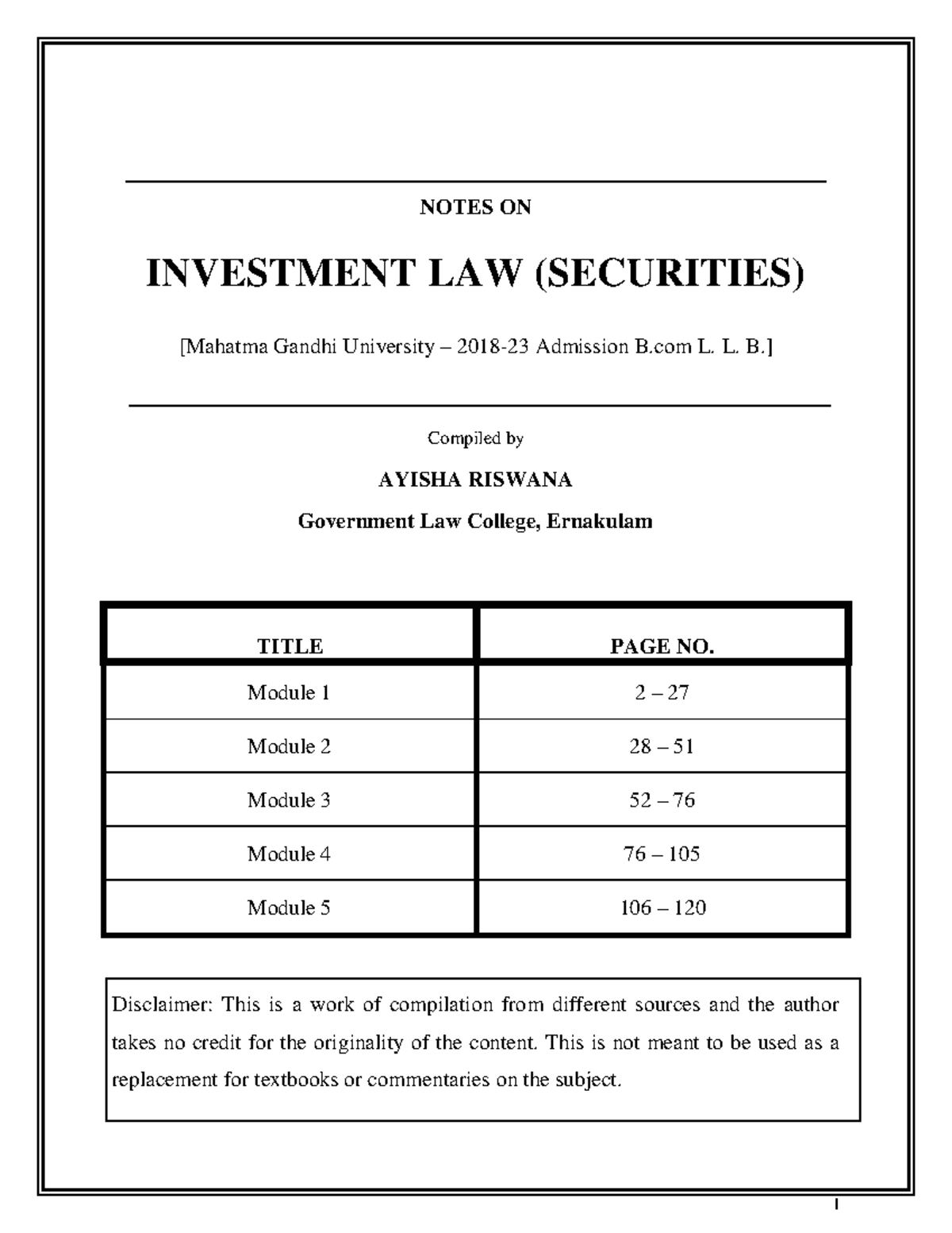 Investment LAW Notes - NOTES ON INVESTMENT LAW (SECURITIES) [Mahatma ...