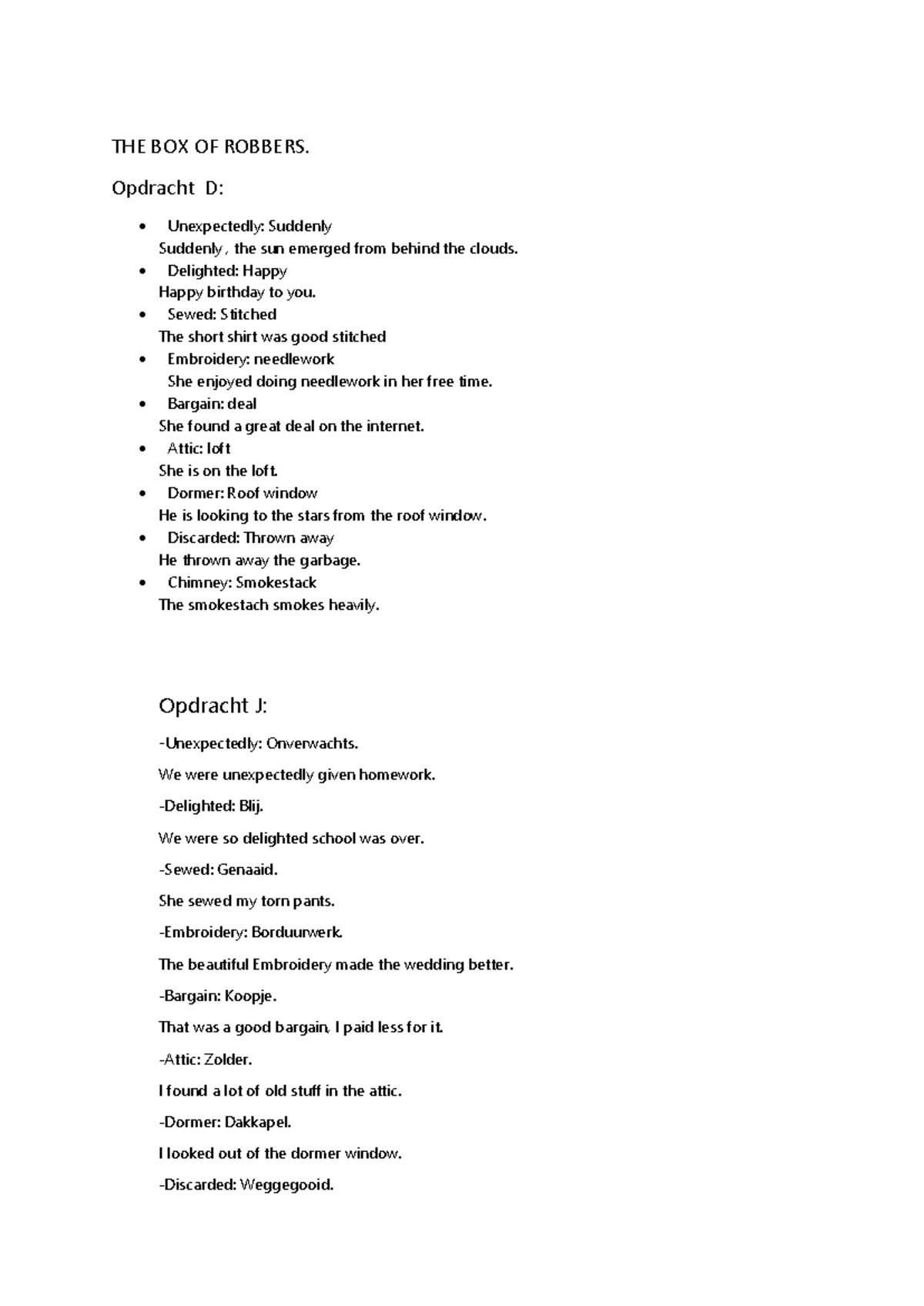 Opdracht D: The Box of Robbers - Vocabulary & Dialogue Notes - Studeersnel