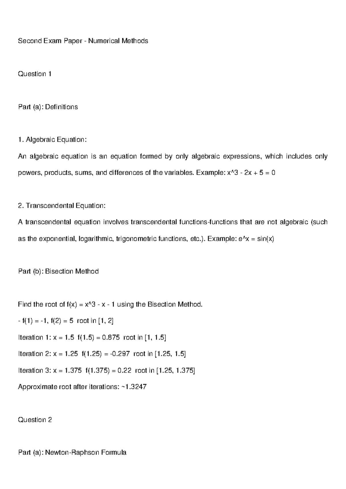 Numerical Methods Exam 2 - Detailed Answers and Solutions - Studocu