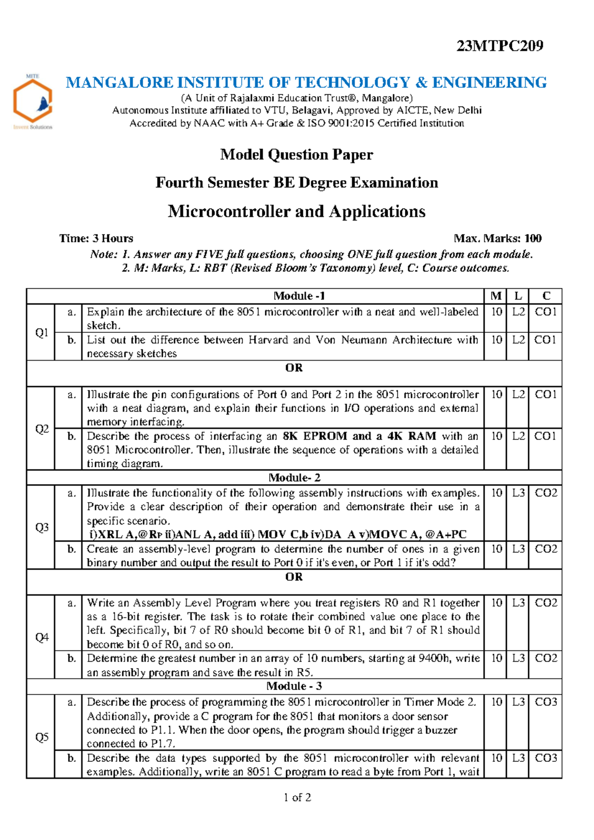 23MTPC209 Microcontroller and Applications Model Question Paper - Studocu