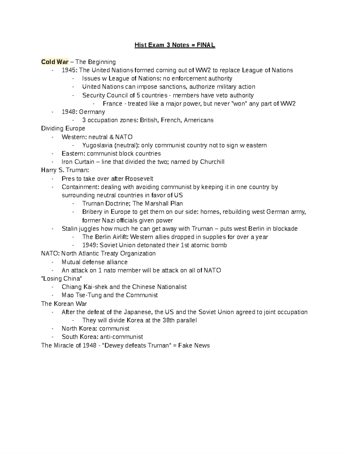 Hist 1302 - Final Exam Notes: Cold War to Civil Rights Movement - Studocu