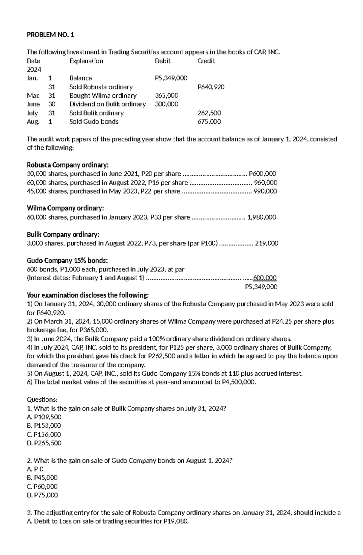 CAP, INC. Trading Securities Analysis & Journal Entries (FIN 301) - Studocu