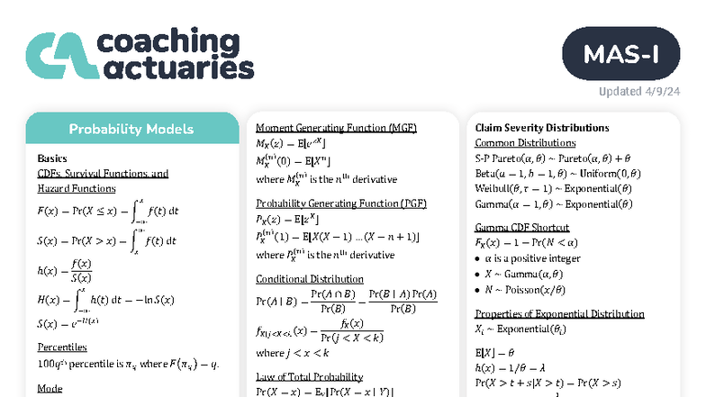 Probability Models and Key Concepts - MAS-I Formula Sheet - Studocu