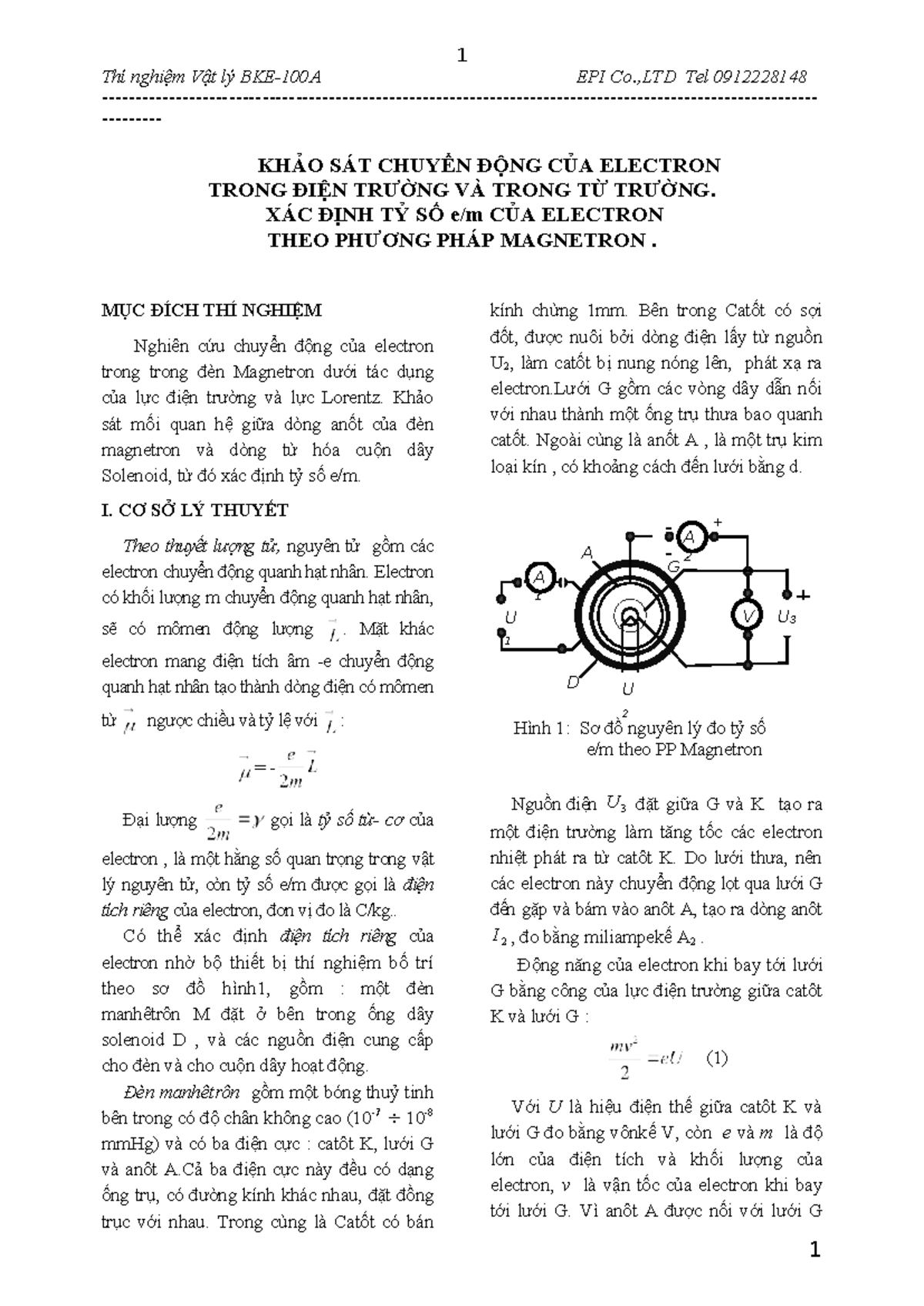 Thí nghiệm Vật lý EPI Co.,LTD: Khảo sát chuyển động electron trong điện ...