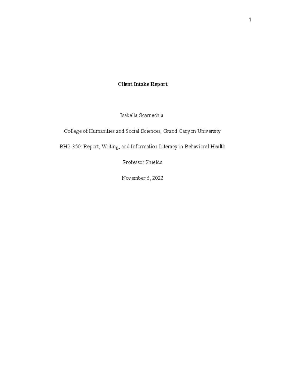 BHS-350 Final Client Intake Report and Psychological Assessment - Studocu