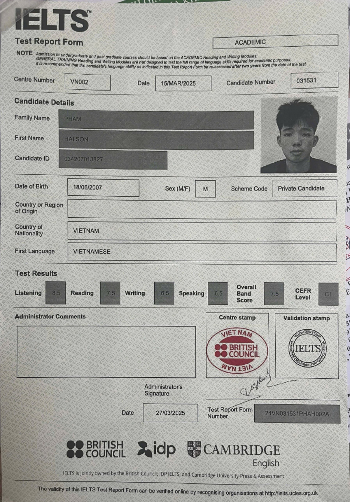 Test Report Form for IELTS Academic Admission - VN002 - Studocu