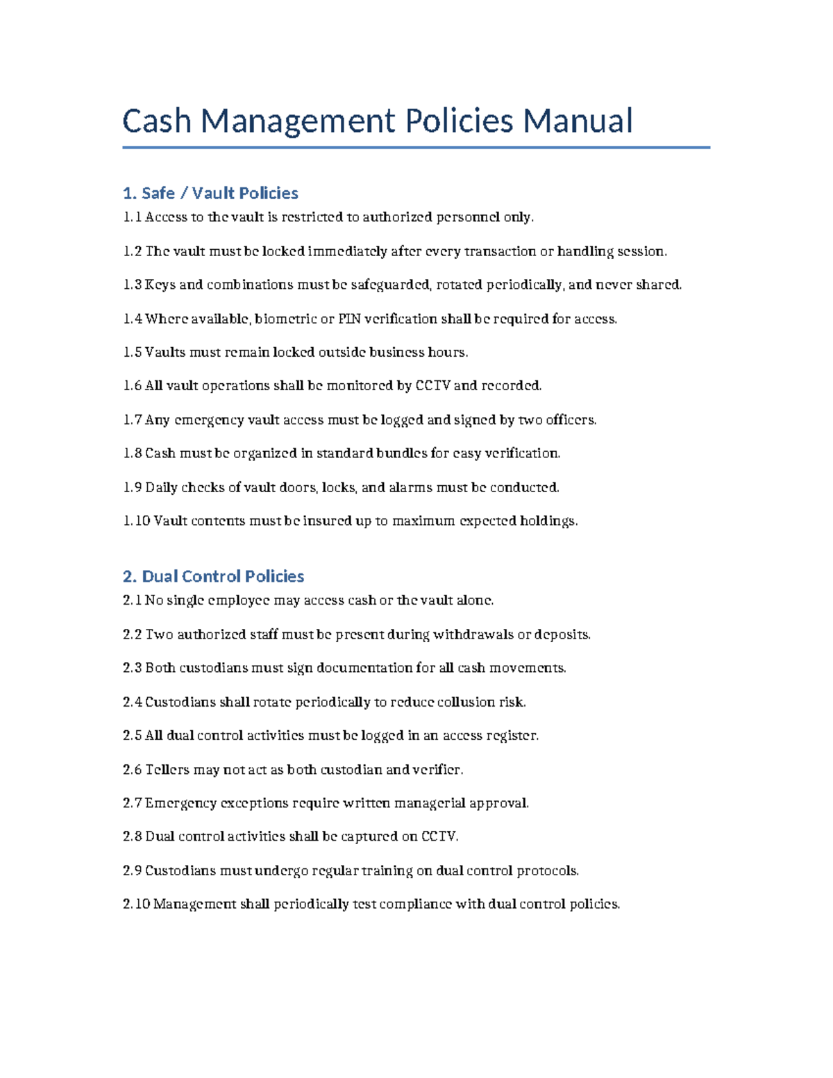 Cash Management Policies Manual: Vault, Control & Monitoring Guidelines ...