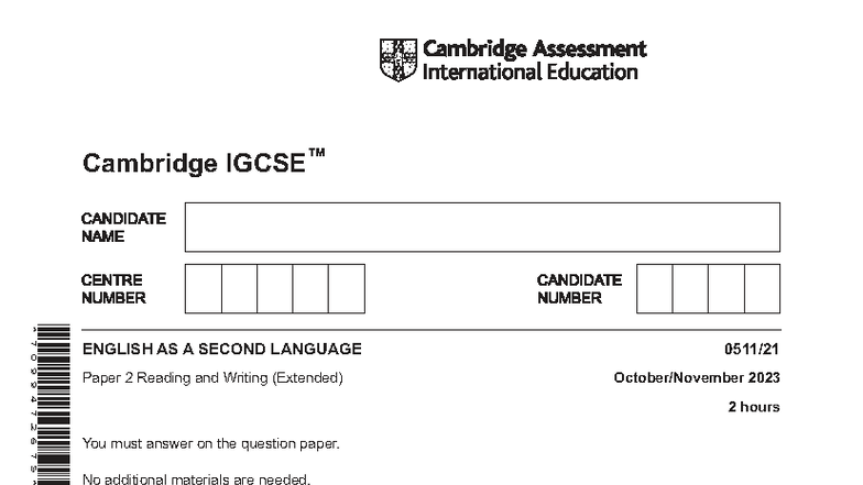Cambridge 0511 W23 Paper 2 Reading & Writing (Extended) Exam Guide ...