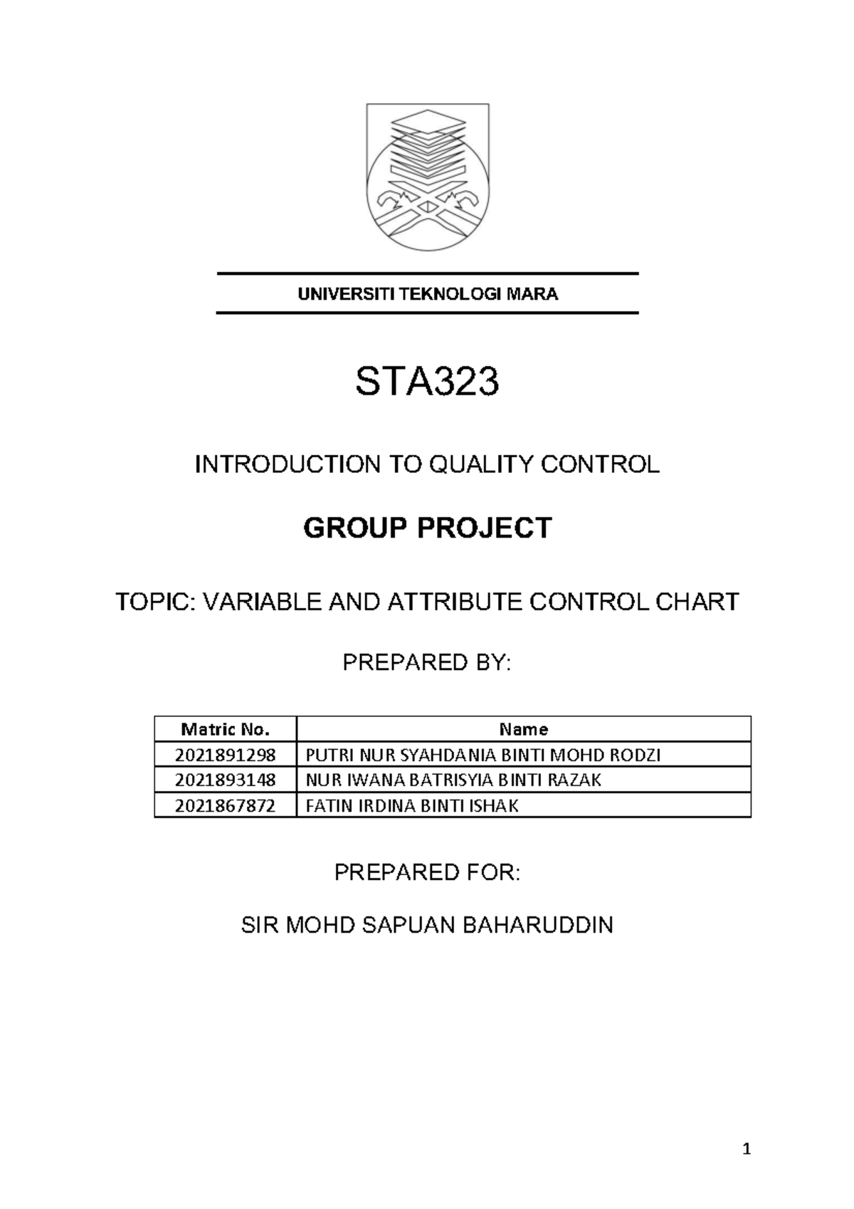 STA323 Group Project: Variable & Attribute Control Chart Analysis - Studocu
