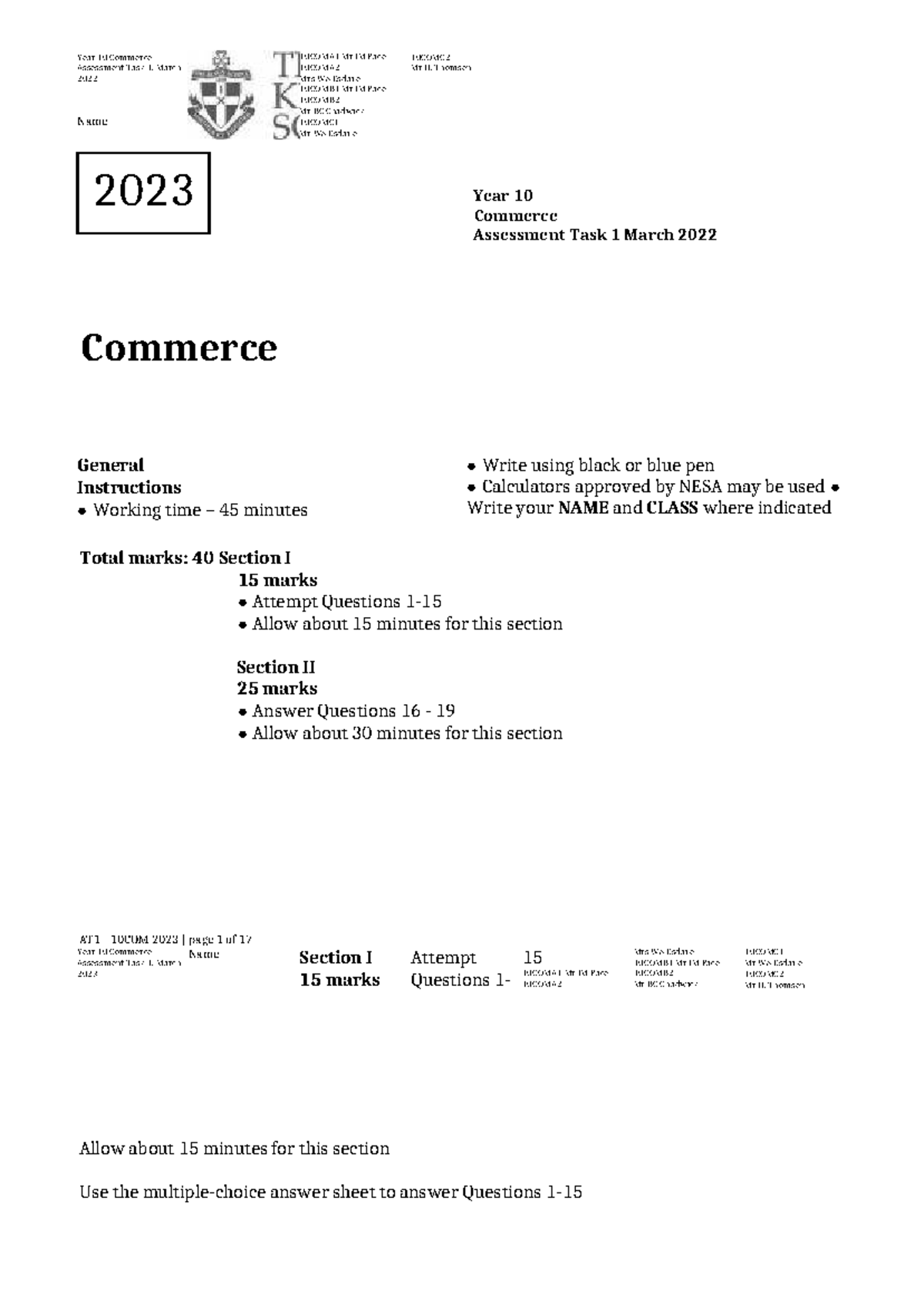 Year 10 Commerce Assessment Task 1 (AT1) - March 2023 - Studocu