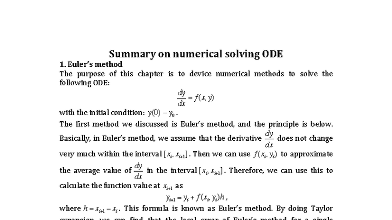 Summary of Numerical Methods for ODEs (ODE 1) - Studocu