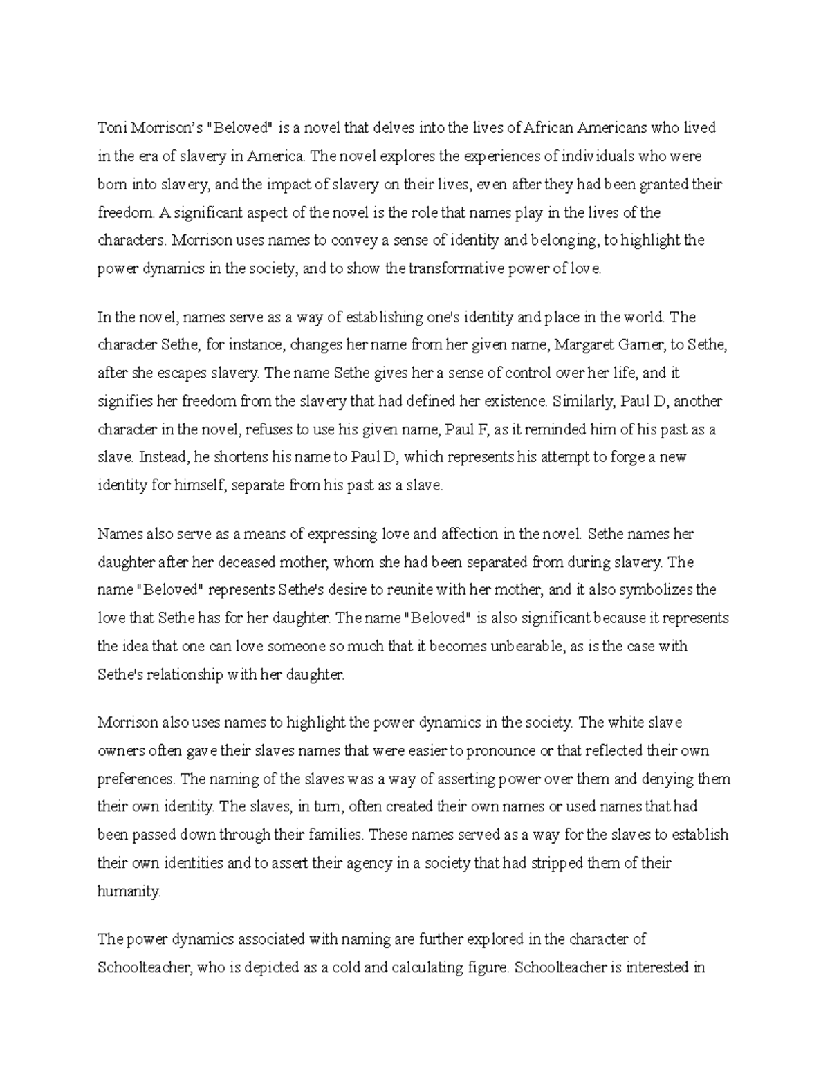 The Role of Names in Toni Morrison's "Beloved" - Analysis Essay - Studocu