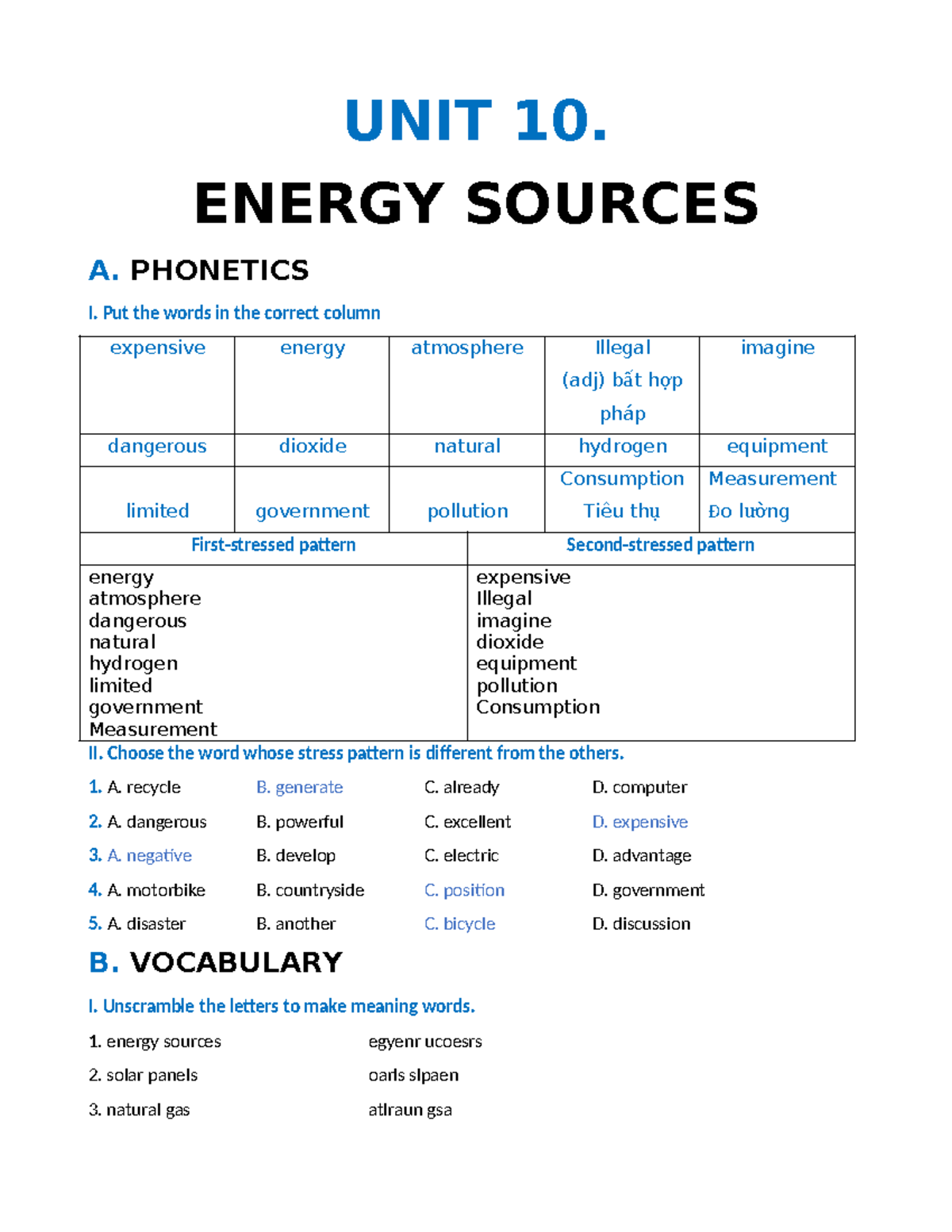 UNIT 10. Energy Sources - Vocabulary & Exercises - Studocu