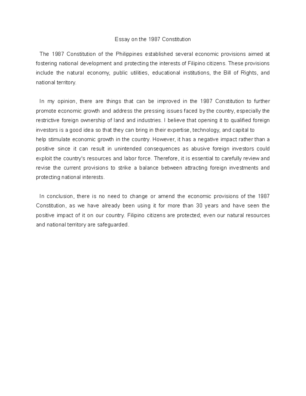 1987 Constitution Essay: Economic Provisions and National Interests ...