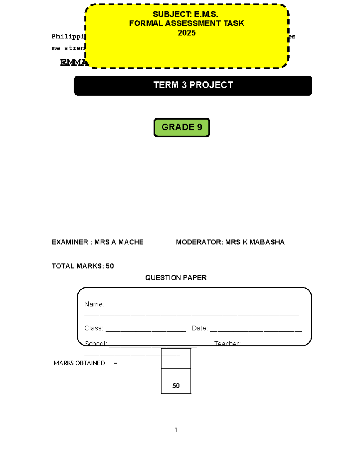 E.M.S. Term 3 Project: Business Plan Template for Grade 9 - Studocu