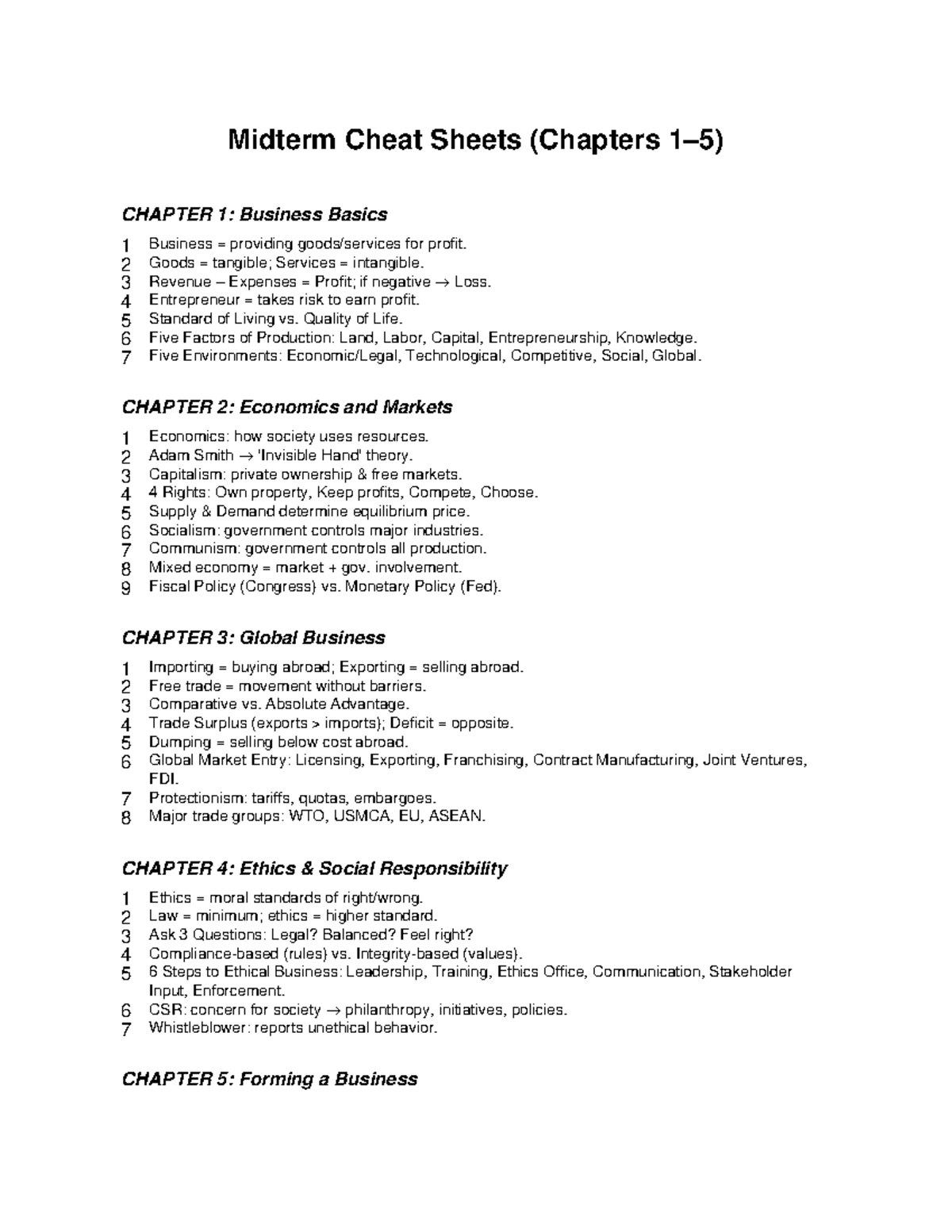 Midterm Cheat Sheets for Business Basics (Chapters 1-5) - Studocu