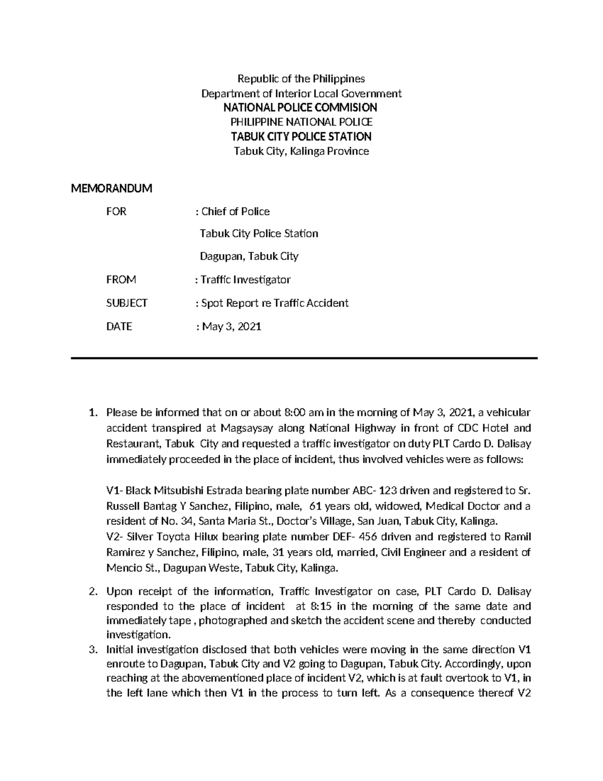 VA Spot Report: Traffic Accident Investigation - Tabuk City Police ...