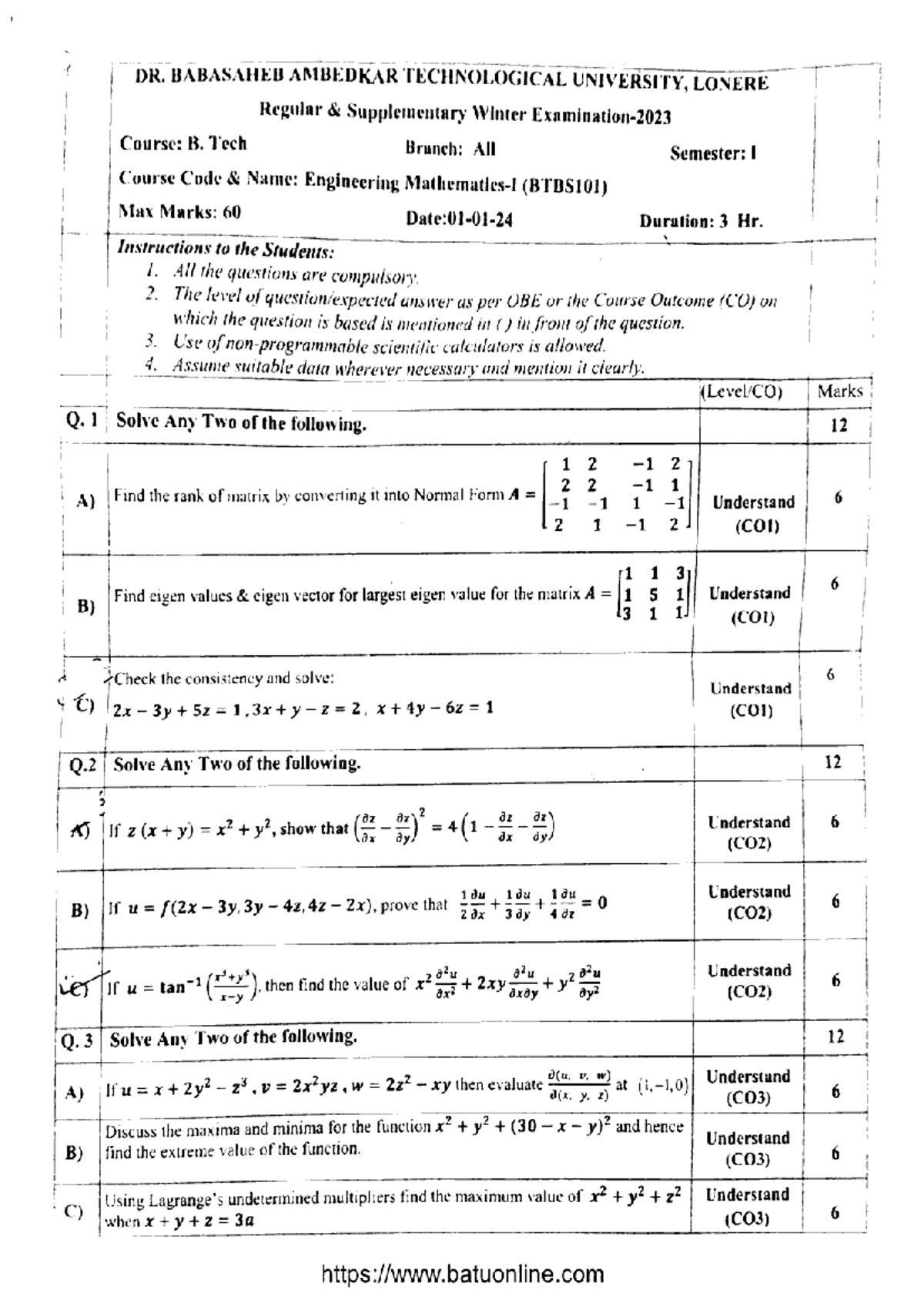 Engineering Mathematics I (BTBS101) Winter 2023 Supplementary Exam ...