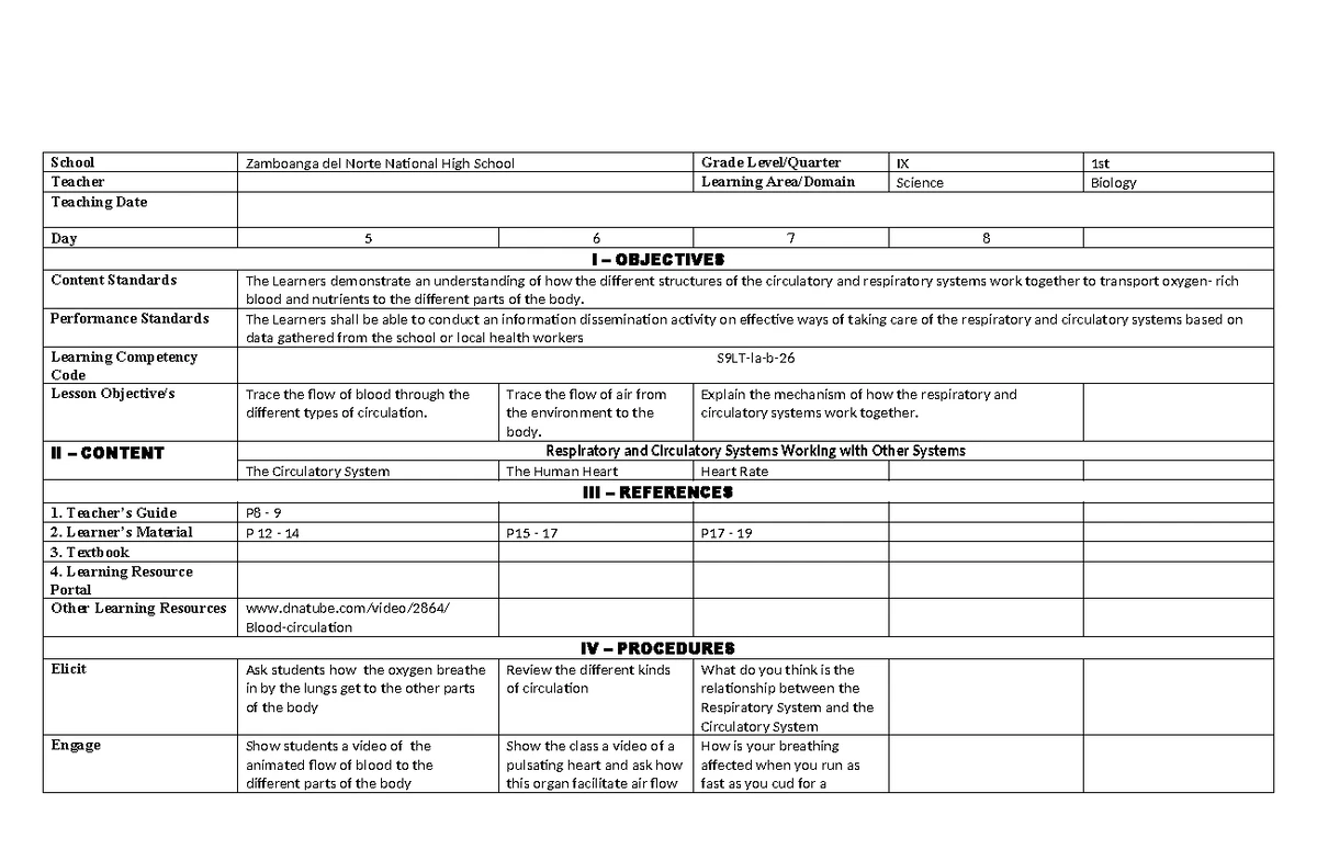 DLL9w8 - Daily Lesson Log for Grade 9 Science Biology Class - Studocu