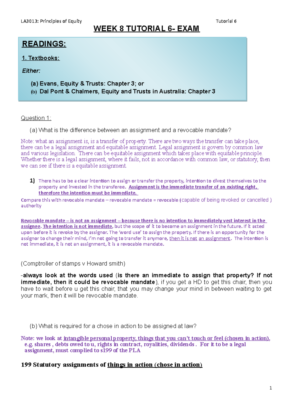 2022 LAW 301 WEEK 8 Tutorial: Assignment vs. Revocable Mandate Analysis ...