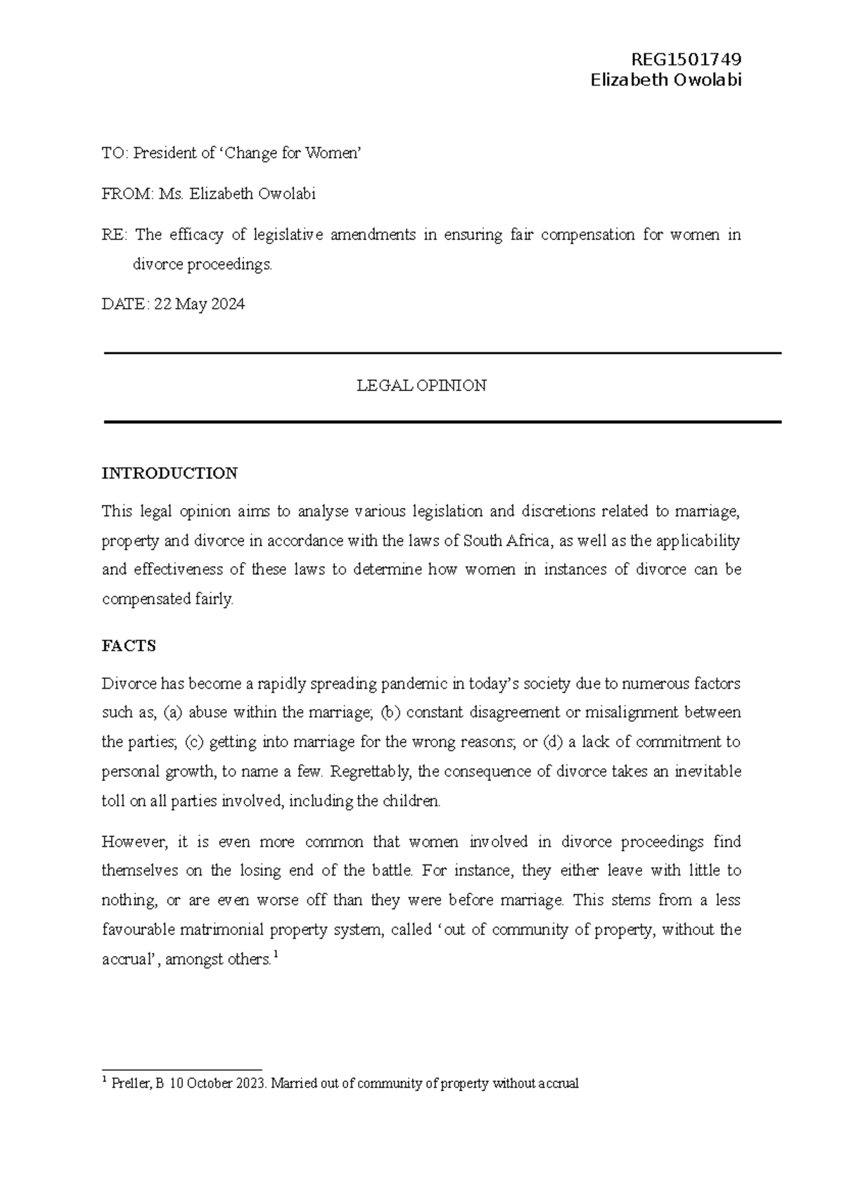 REG1501749 Legal Opinion: Fair Compensation for Women in Divorce - Studocu